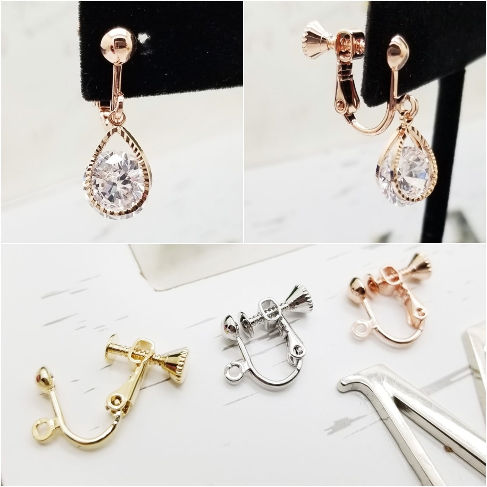ROSE GOLD Teardrop Design With Round Shape Crystal Clip-on Earrings ...