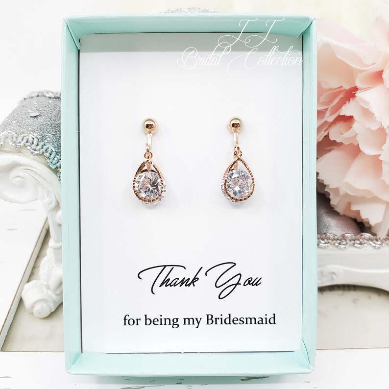 ROSE GOLD Teardrop Design With Round Shape Crystal Clip-on Earrings ...