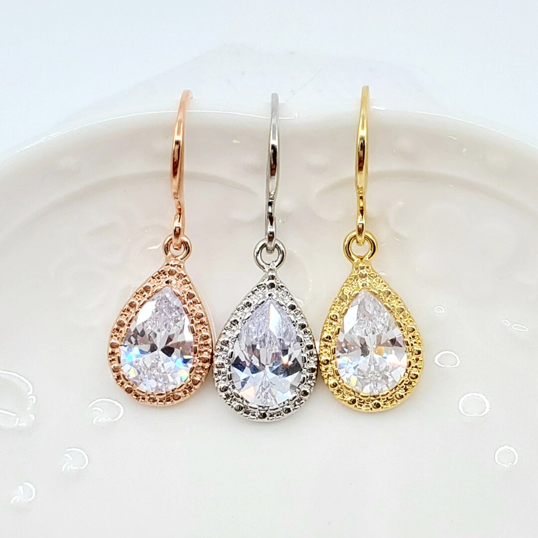 Flat and Simple Dangle Teardrop CZ Wedding Earrings, Bridal CZ Earrings ...
