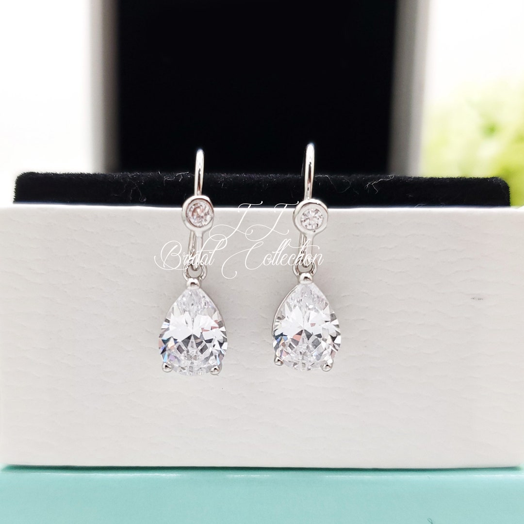 Silver Petite Simple Teardrop With Cubic Point Dangle Earrings, CZ ...