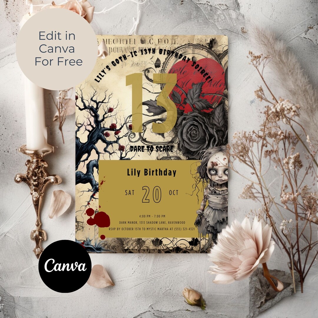 Gothic Doll Halloween Birthday Invite, Canva Digital Instant Invitation ...