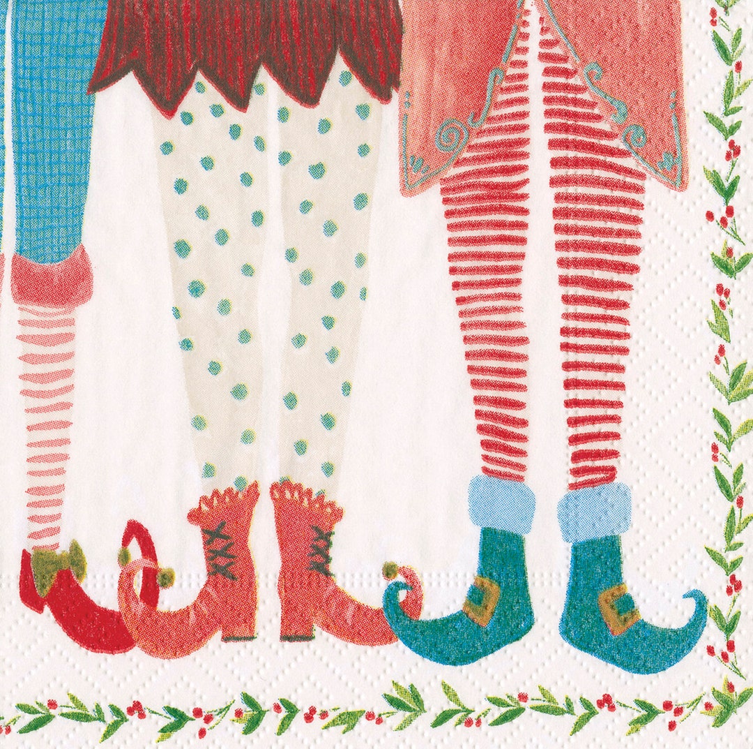 20 X Elf Stockings Cocktail Napkins, Caspari Xmas Elf Table Decor ...