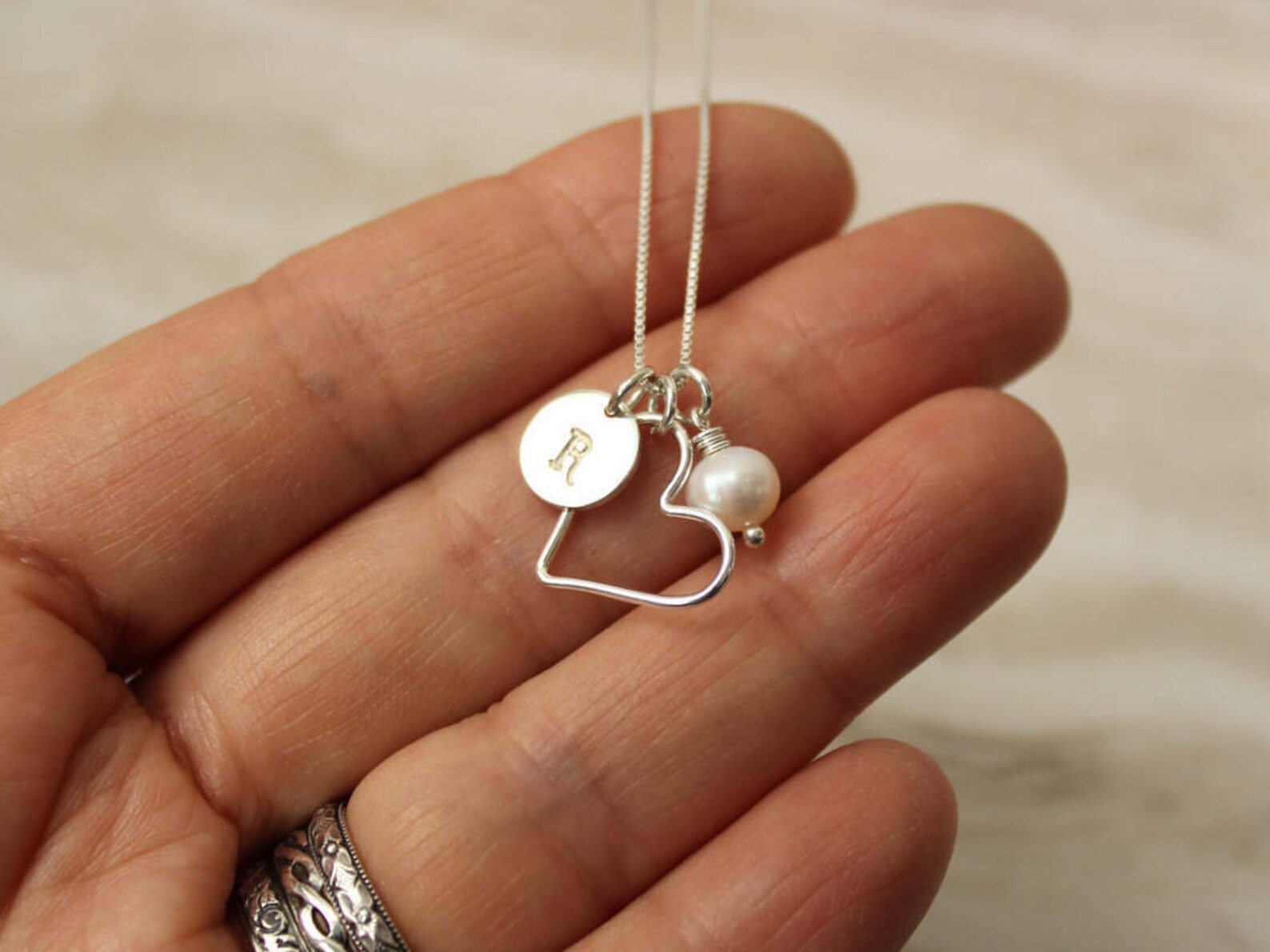 Gift for Cousin necklace sterling silver initial heart pearl | Etsy