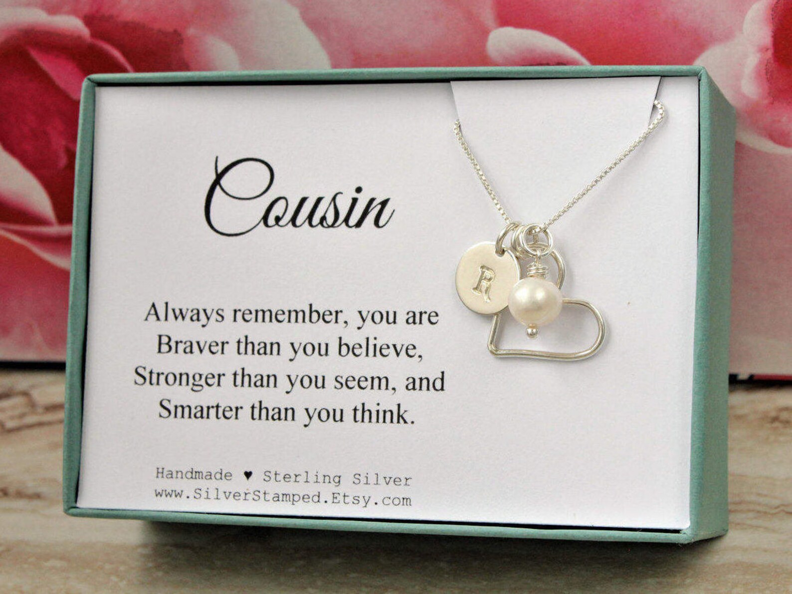 Gift for Cousin necklace sterling silver initial heart pearl | Etsy