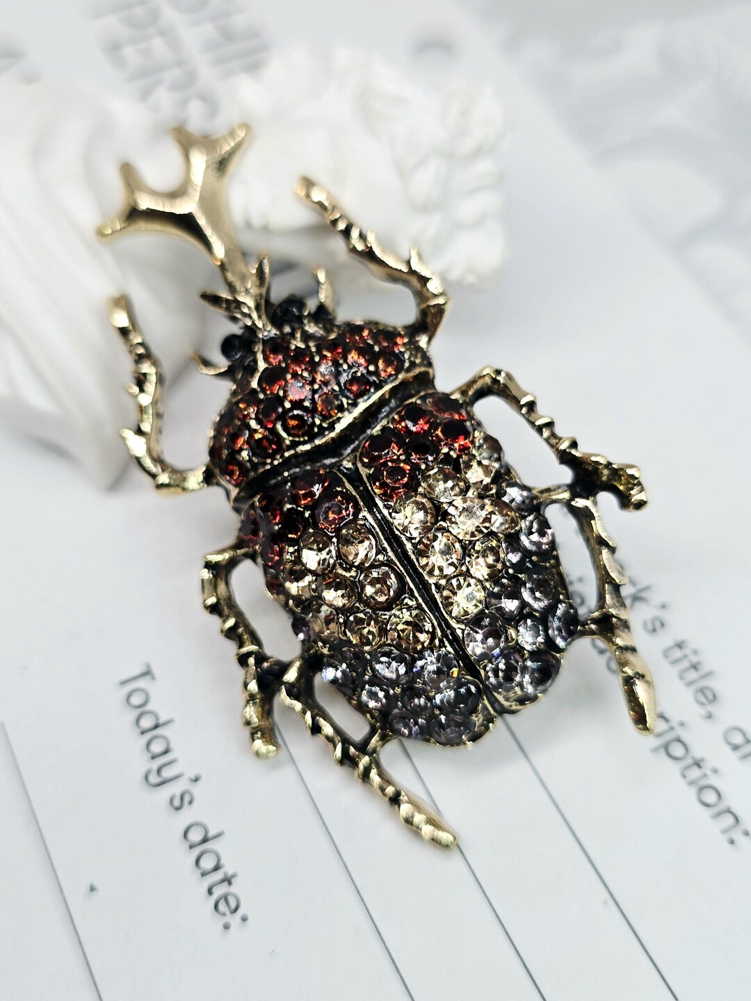 Crystal Stag Beetle Brooch, Antique Gold Insect Pin, Steampunk Bohemian ...