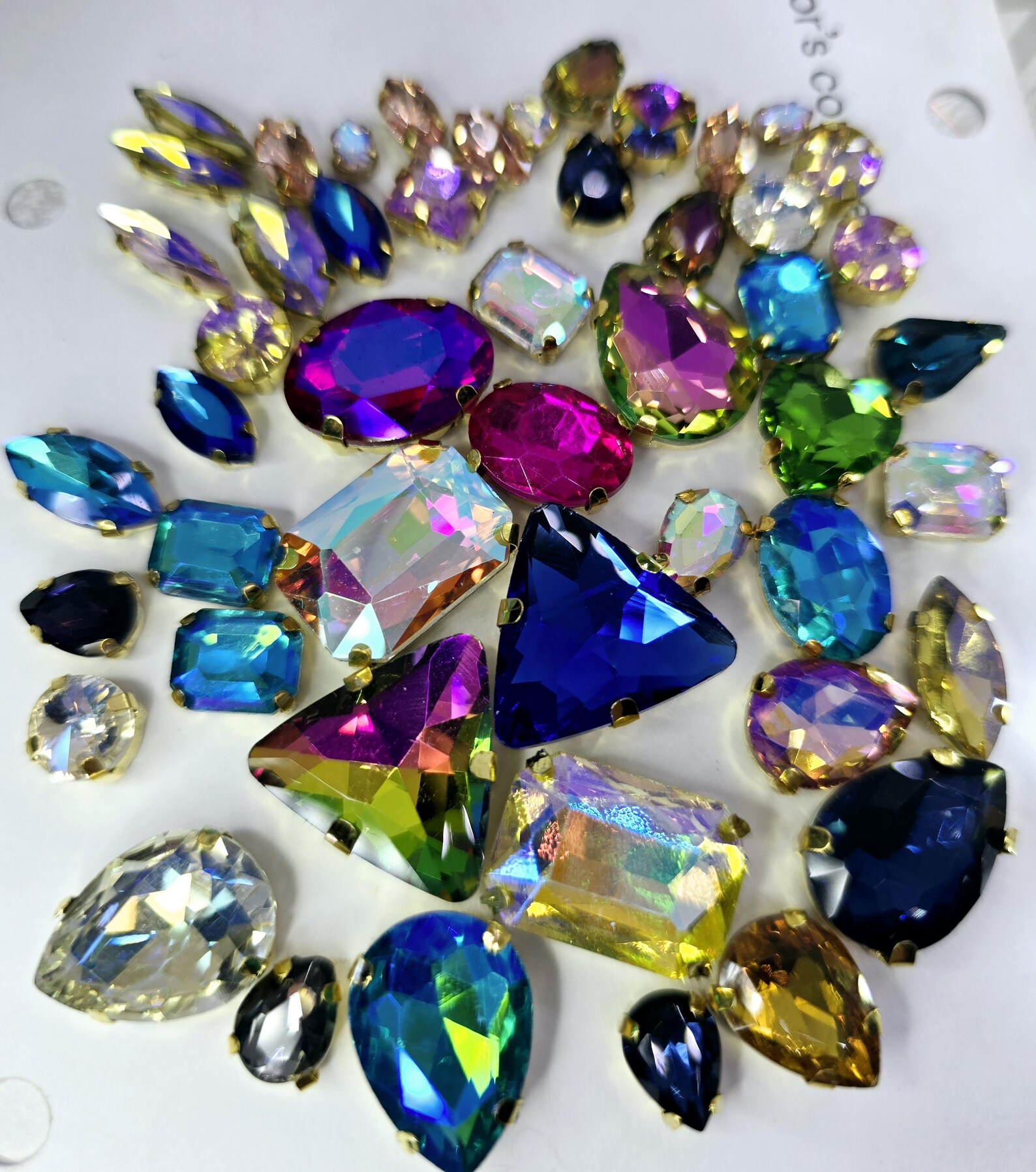 50 AB Colours Mix Sew on Glass Crystals Diamantes Gold Claw Rhinestones ...