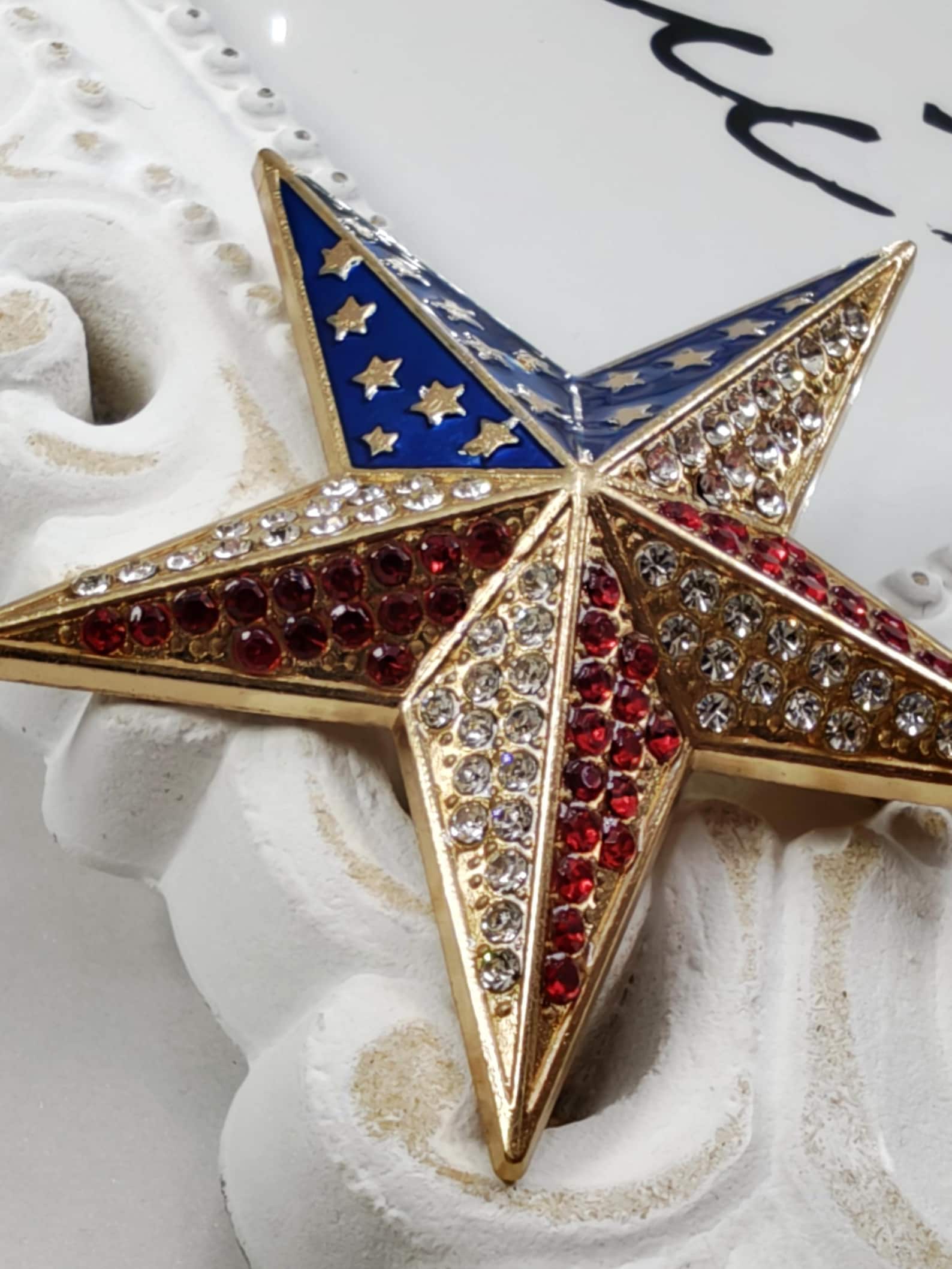 Vintage Style Star Brooch Pin, Red White Blue Rhinestone Patriotic ...