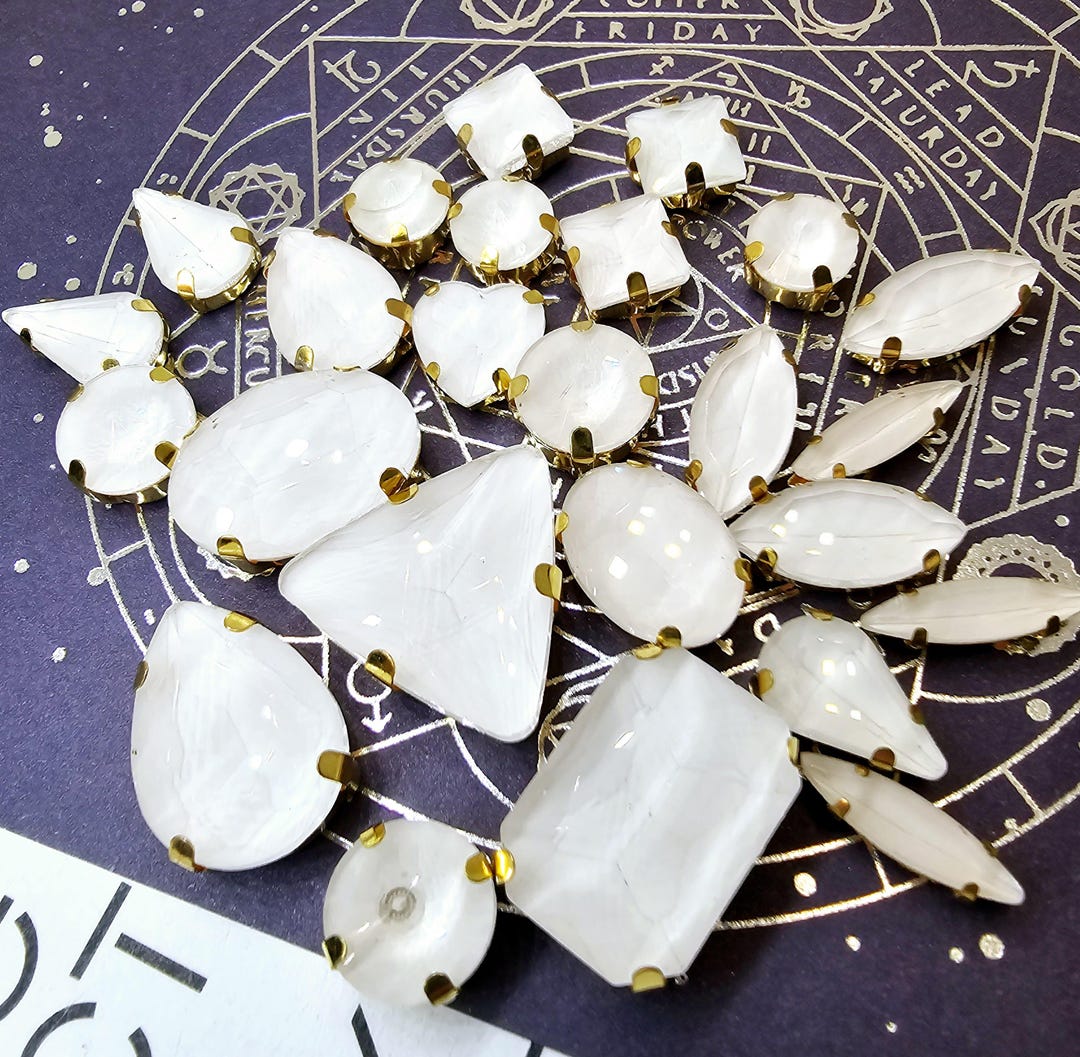 25 Pls Opal Milky White Glass Crystals Mix Sew on Gold Claw Setting ...
