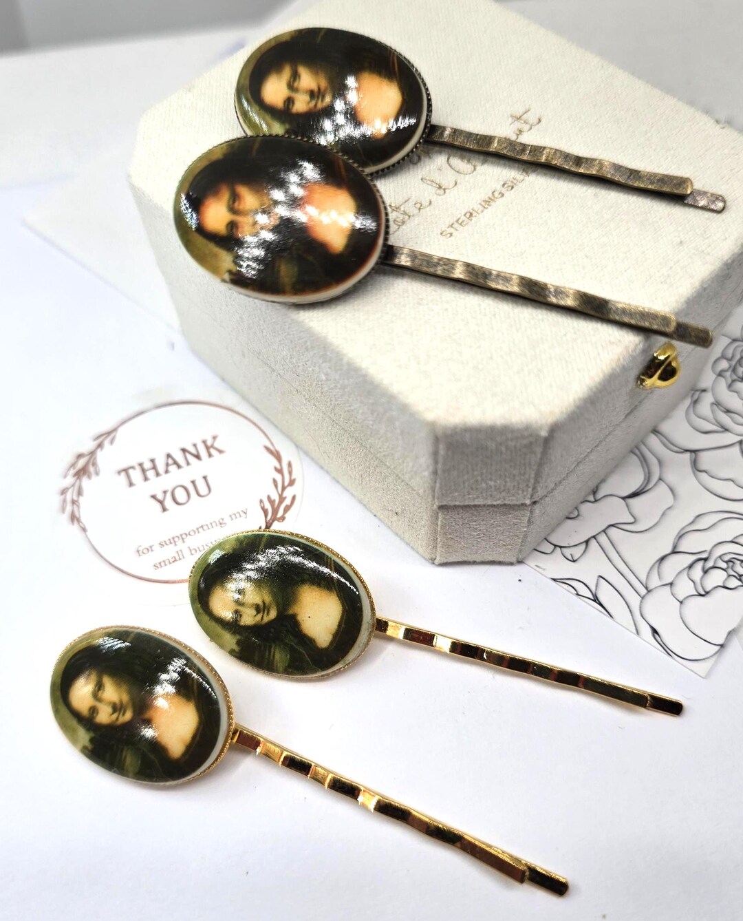 Mona Lisa Hair Bobby Pins: Vintage West German Cabochons, Bronze - Etsy