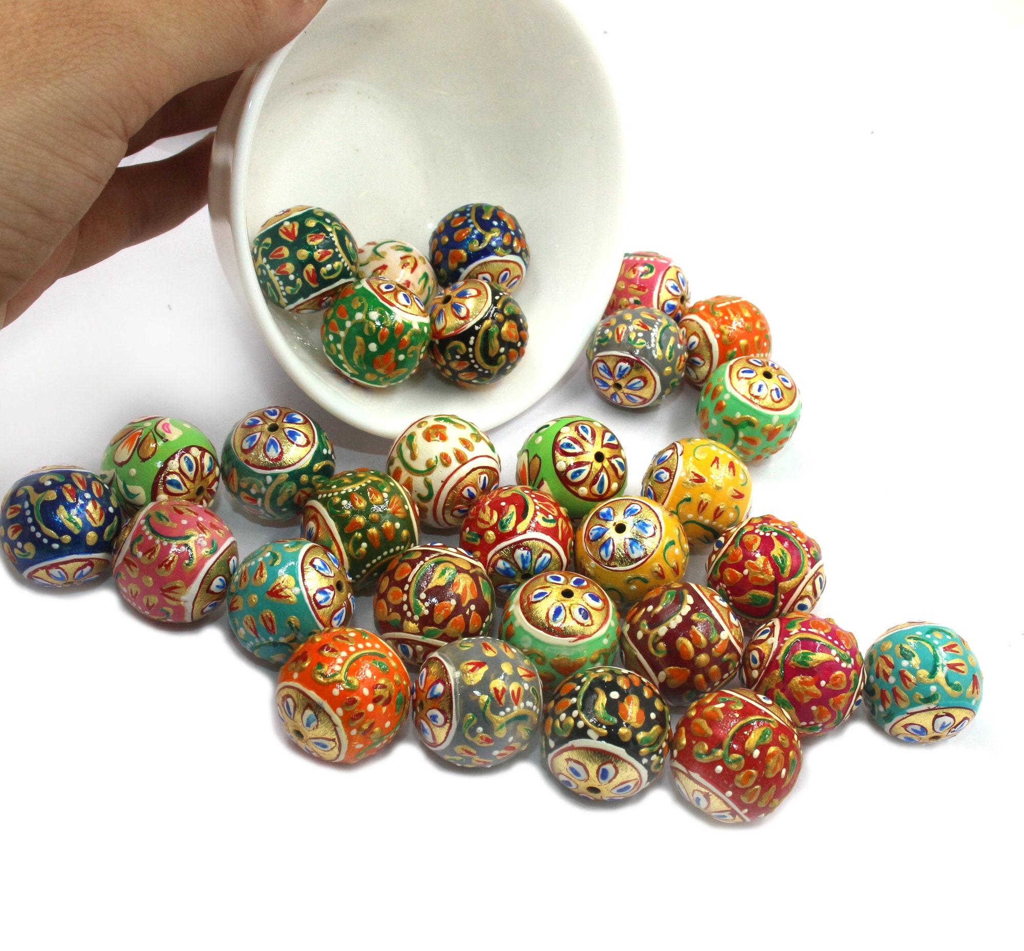 2pcs 22mm Hand Painted Assorted Color Floral Ball Beads | Hand Enameled ...