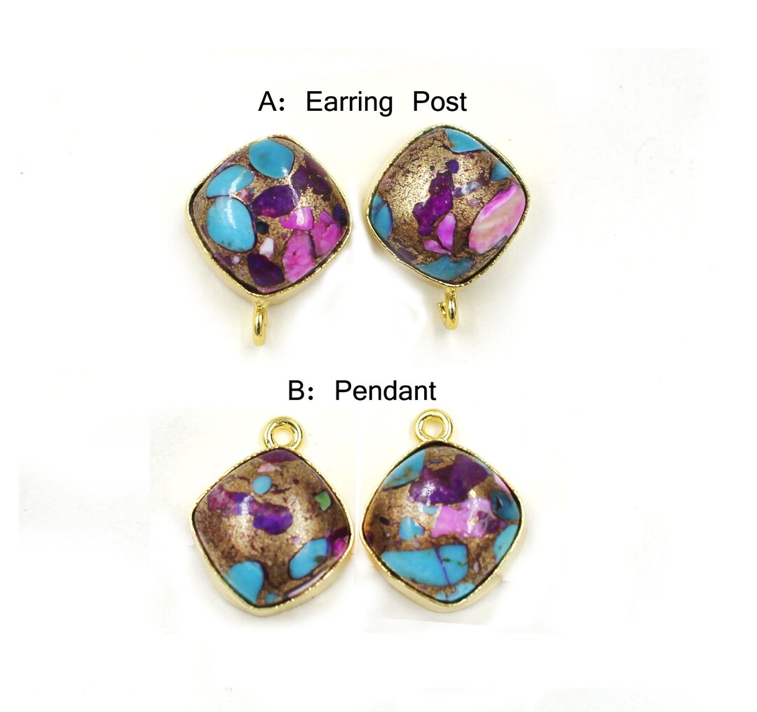 Pink Spiny Oyster Turquoise Stud Ear Post & Pendant, 22k Gold Plated ...