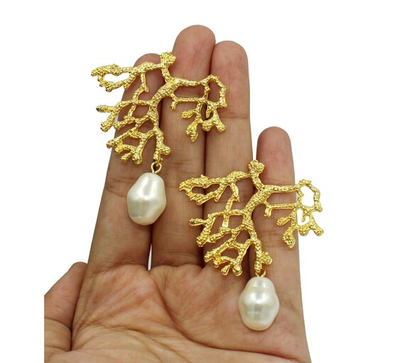Pearl Drop Tree of Life Earrings Roots Earrings Gold Plated - Etsy