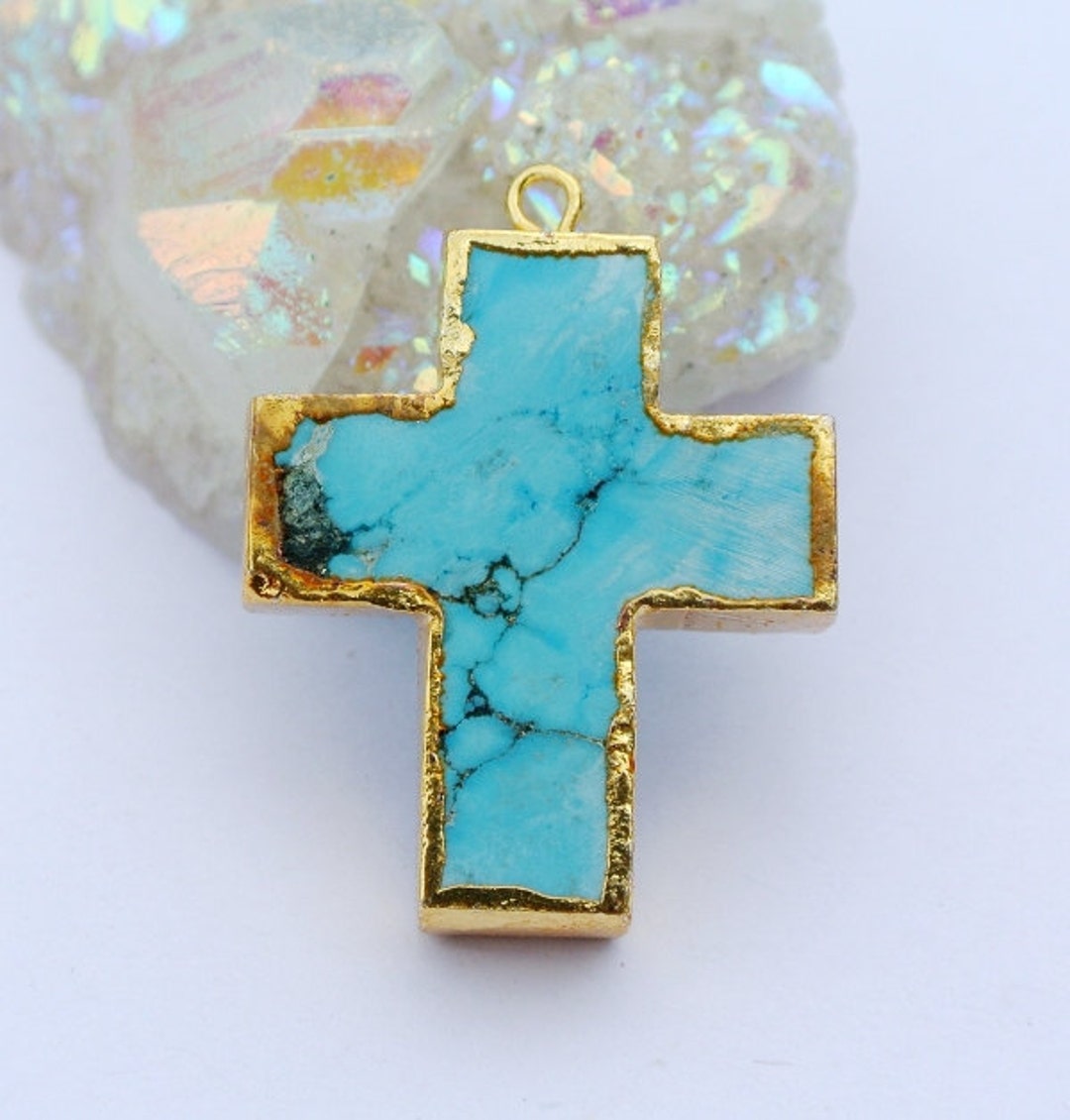 24K Gold Electroplated Edge Turquoise Cross Pendant 34x26mm Gold Edge ...
