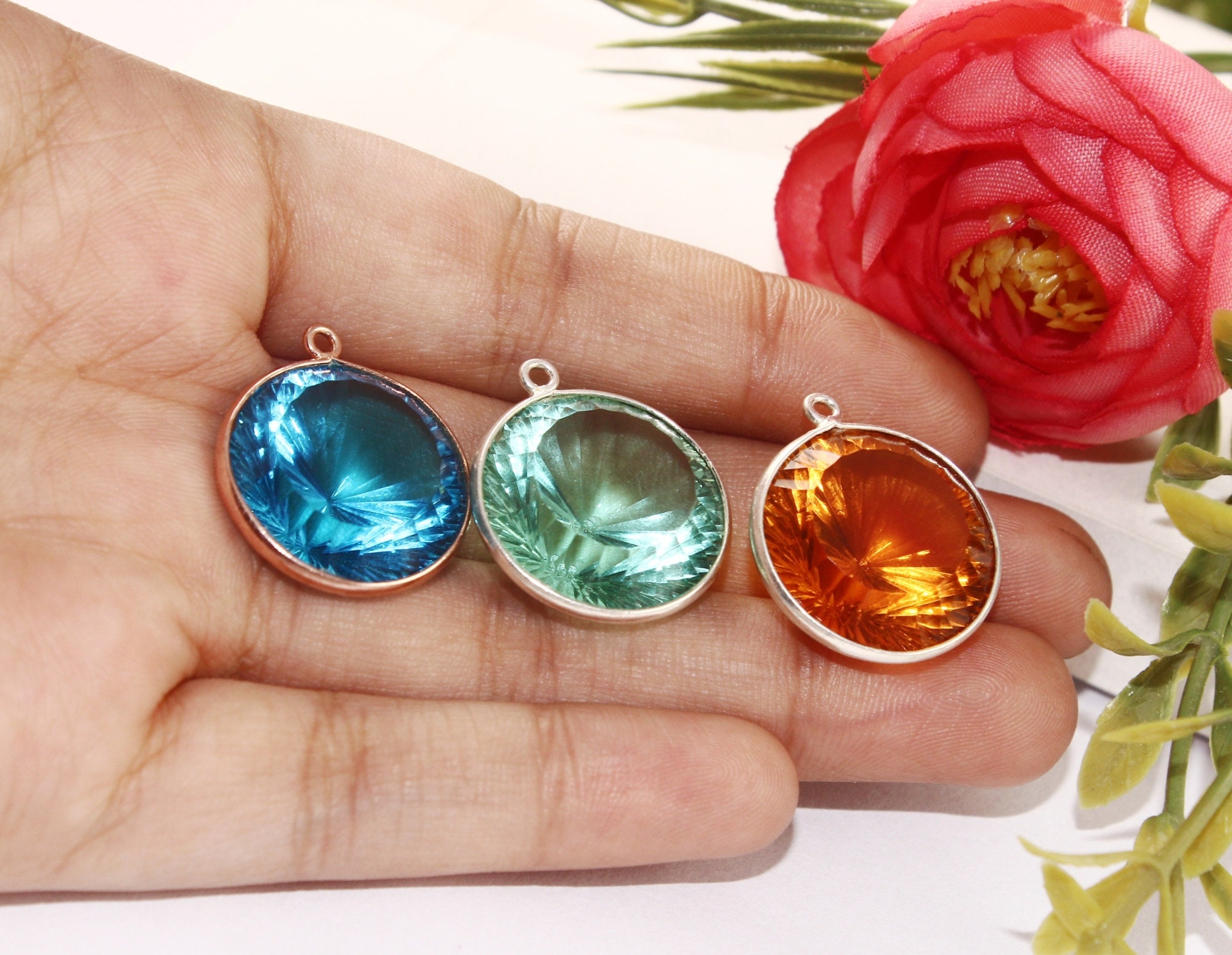 1Pair 21mm Multi Color Quartz Round Pendant / Concave Cut | Etsy