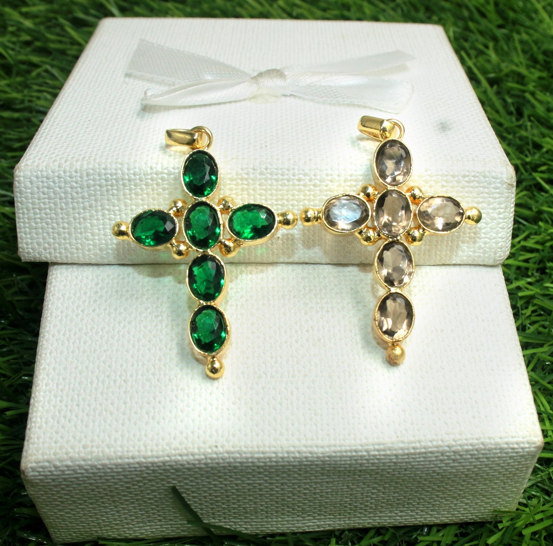 Multi Color Quartz Cross Pendant, 22k Gold Plated Handmade Oval Shape ...