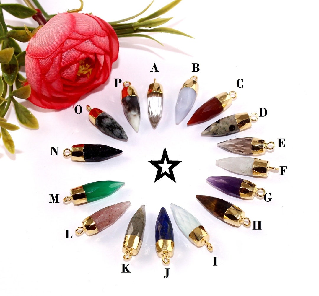 Natural Gemstone Spike Pendant / 24x7mm / 24kt Gold Electroplated Charm ...