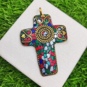 Tibetan Brass N Malachite Cross Pendant 77mm Handmade Cross Pendant ...