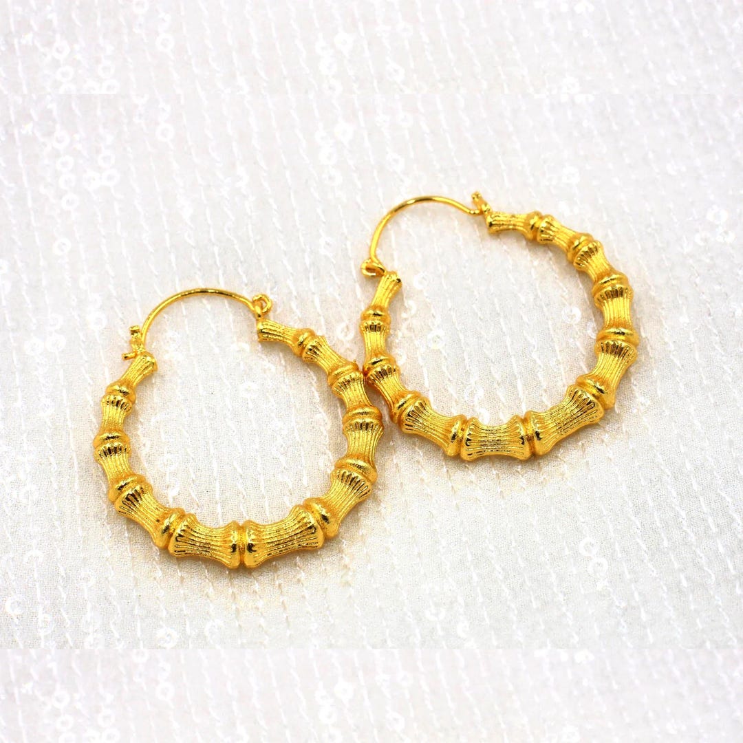 Round Bamboo Hoop Earrings 40mm 22K Gold Plated Handcrafted Designer ...