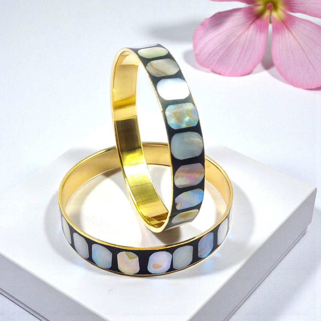 Set of 2 Bangle Mother of Pearl Dot Inlay Bangle – Black Shell Pattern ...