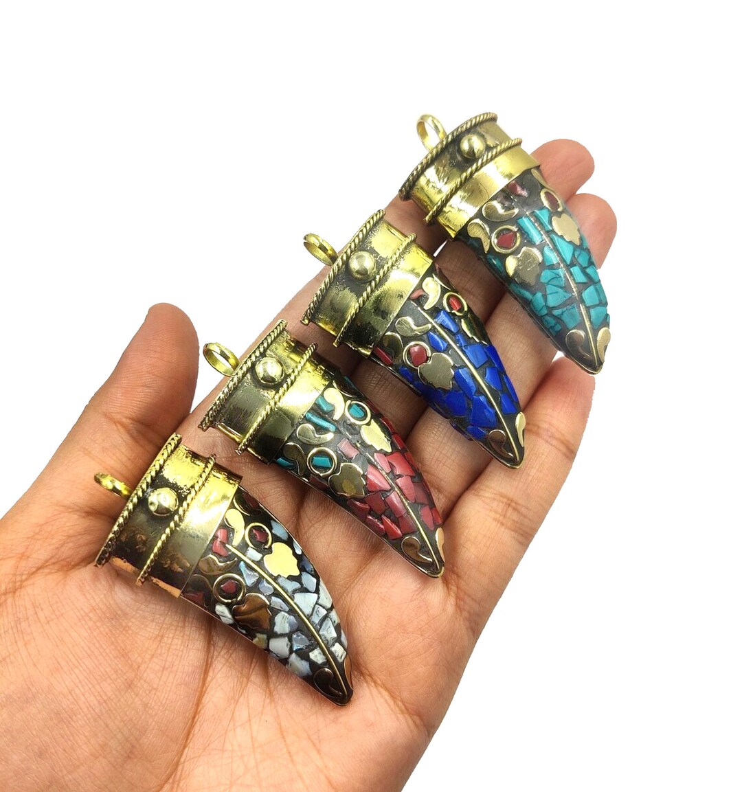 2.36" Tibetan Mosaic Tooth Pendant | Coral, Lapis, Mother of Pearl ...