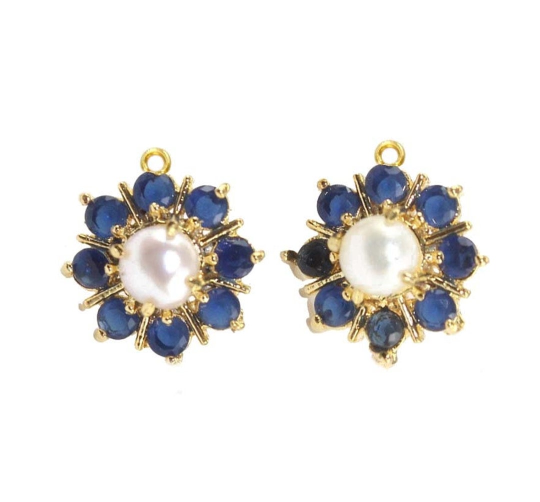 1pair Pearl & Blue Stone Charm Pendant N Double Loop Flower Connector ...