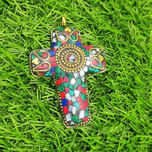 Tibetan Brass N Malachite Cross Pendant 77mm Handmade Cross Pendant ...