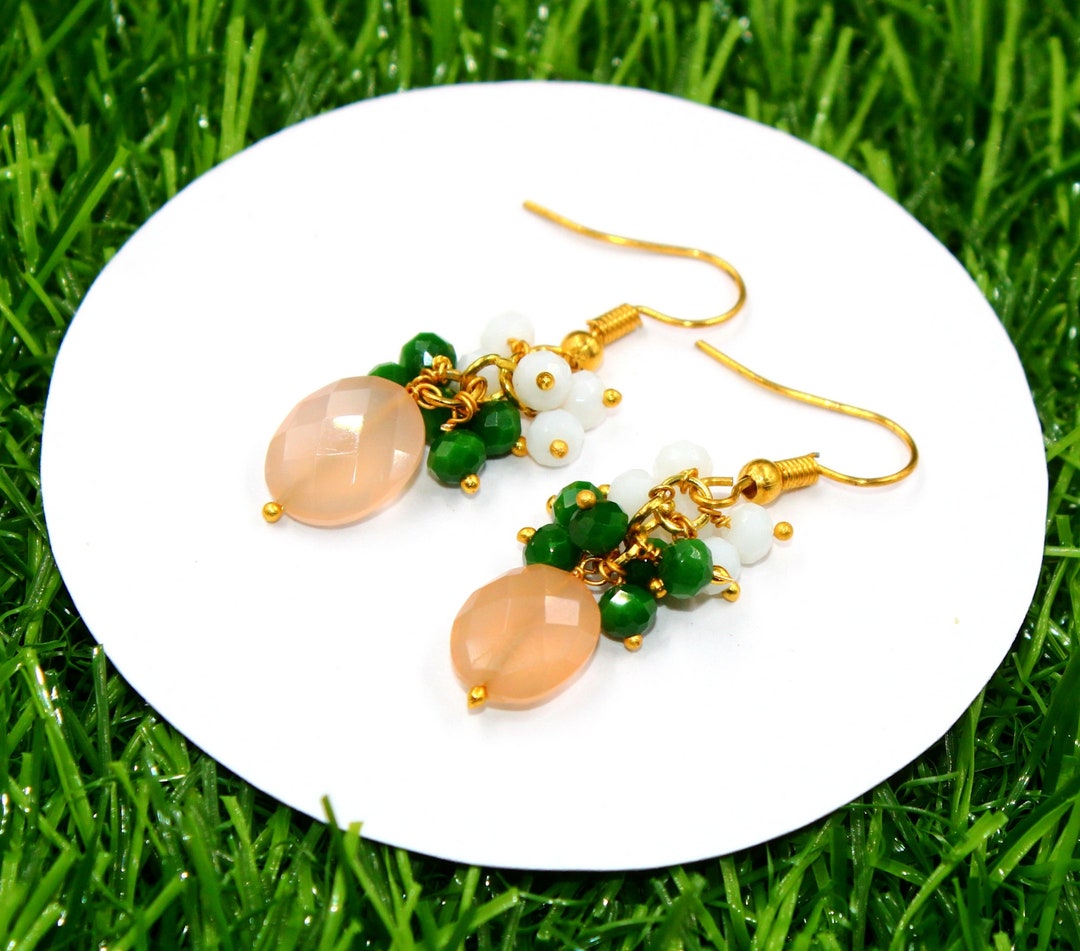 Peach Chalcedony, Green & White Beaded Earrings, 42x9mm Wire Wrapped ...