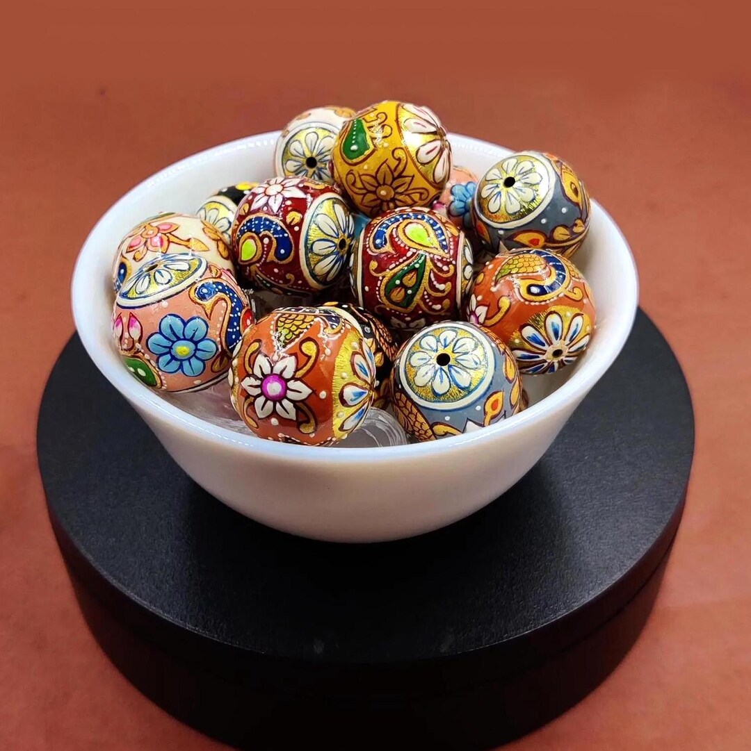 Hand Painted Designer Floral & Peacock Ball Beads 22mm Hand Enameled ...
