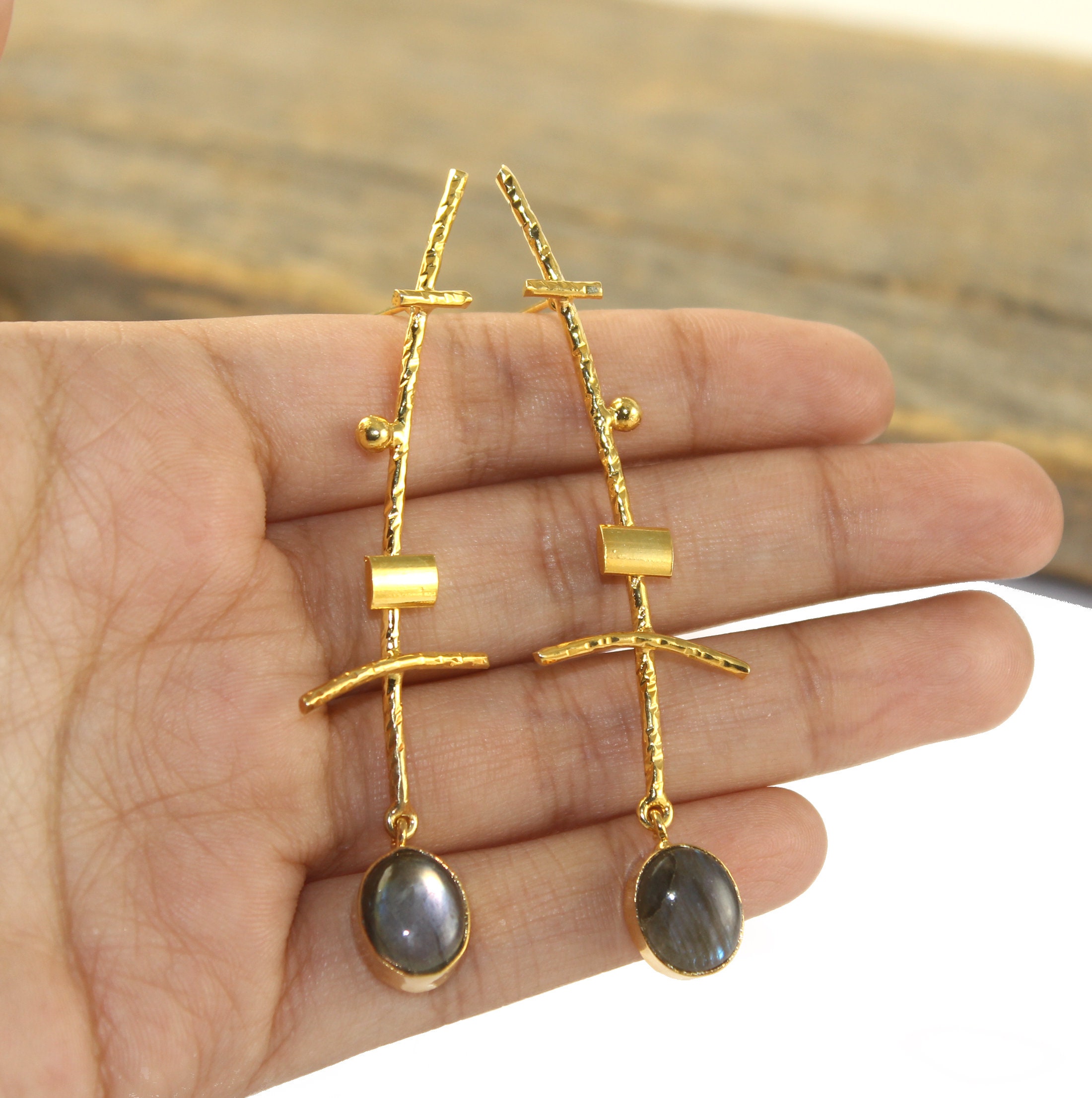 2.95 Labradorite Gemstone Earrings / 22Kt Gold Plated | Etsy
