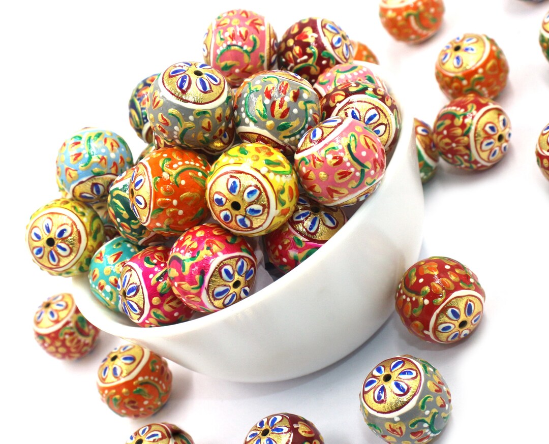 2pcs 20mm Hand Painted Assorted Color Floral Ball Beads | Hand Enameled ...