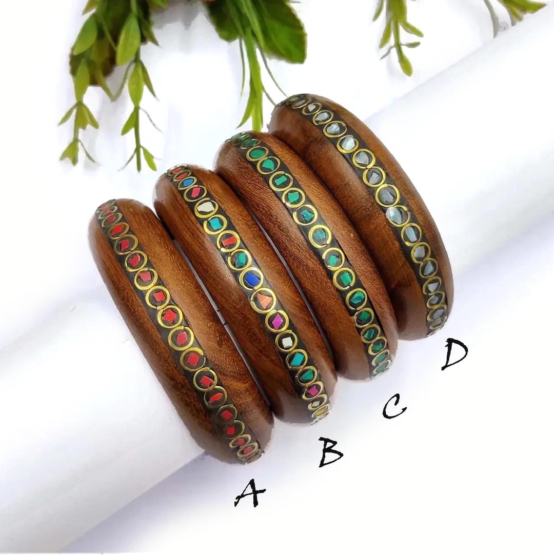 Brass Inlaid MOP Multi Color Chips Wood Bangle Handmade Designer Chunky ...