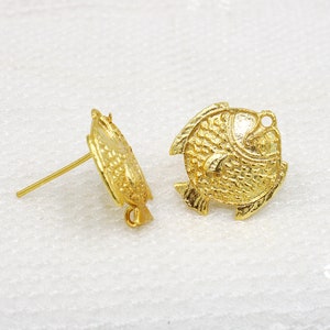 1 Pair Gold Plated Fish Ear Post, Engraved Fish Stud Earpost, Jewelry ...