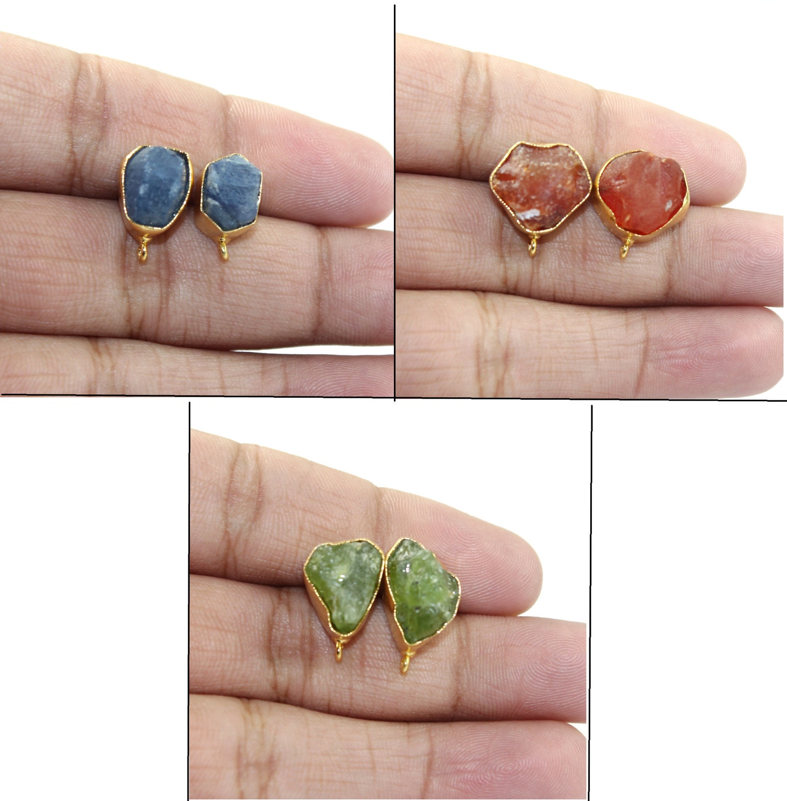Natural Raw Multi Gemstone Connectors Post Stud / 22k Gold Plated Rough ...