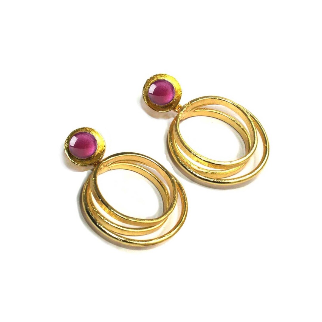 46x33mm Pink Chalcedony Round Shape Earrings Real Gold Plated Handmade ...
