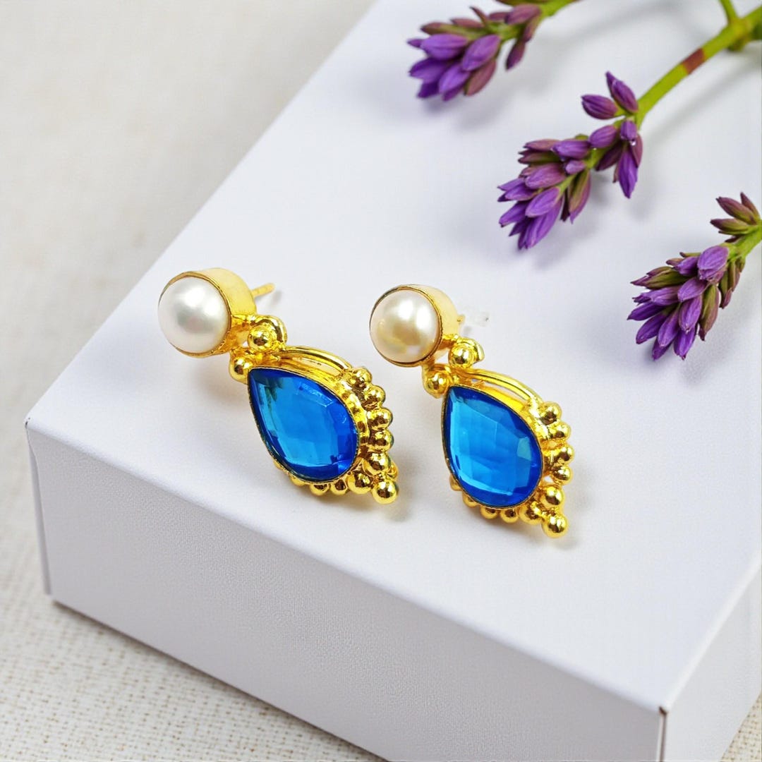 Swiss Blue Quartz & Freshwater Pearl Designer Earring-post N Stud ...