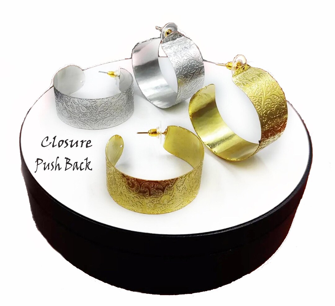 Gold & Silver Finish Textured Hoop Earrings, Latch Back N Push Back ...