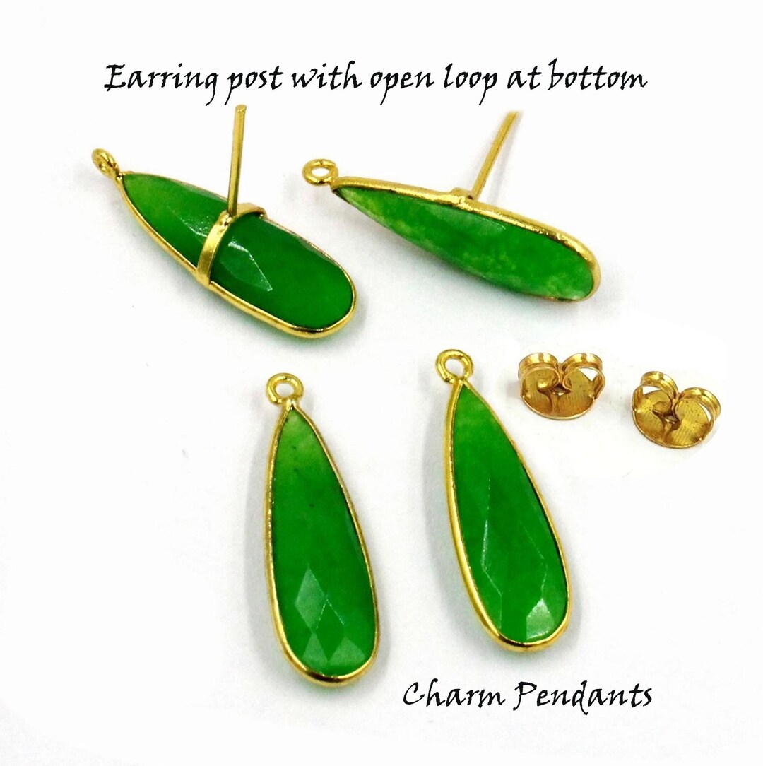 30mm Emerald Green Jade Pear Shape Earring Post & Charm Pendant 22k ...