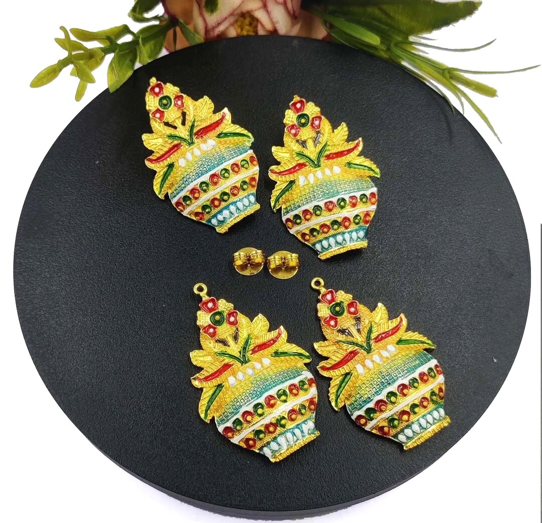 49mm Hand-painted Red Green & Gold Flower Vase Earring Post and Pendant ...