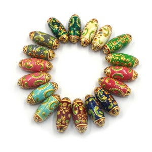 2pcs 30x12mm Hand Painted Assorted Color Floral Design Barrel Beads ...