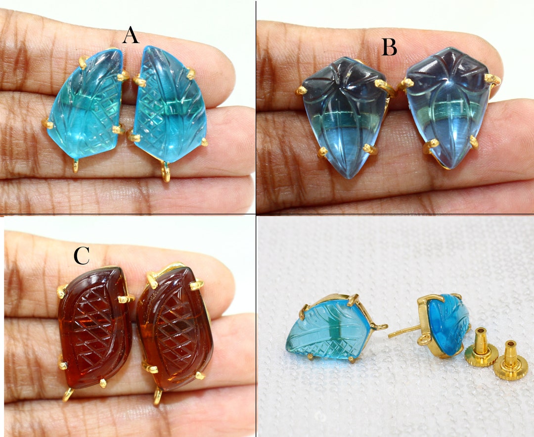 Multi Color Gemstone Hand Carved Prong Set Connector Post Stud / 22kt ...