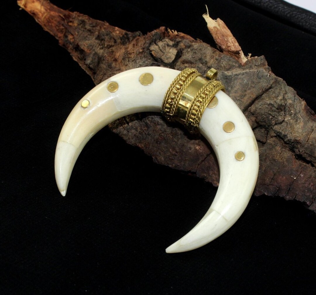 Ethically Sourced Buffalo Bone Brass Inlaid Crescent Horn Pendant ...