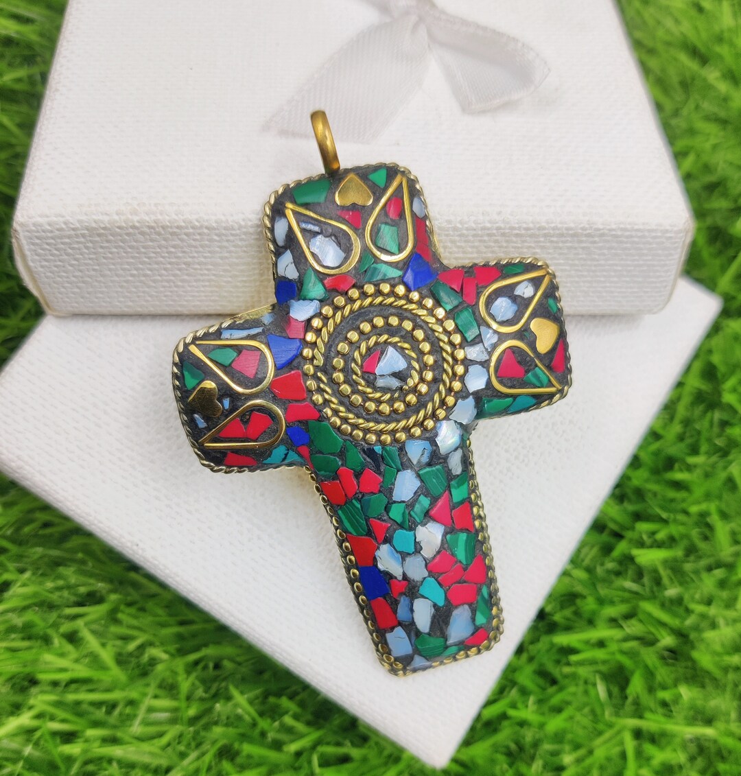 Tibetan Brass N Malachite Cross Pendant 77mm Handmade Cross Pendant ...