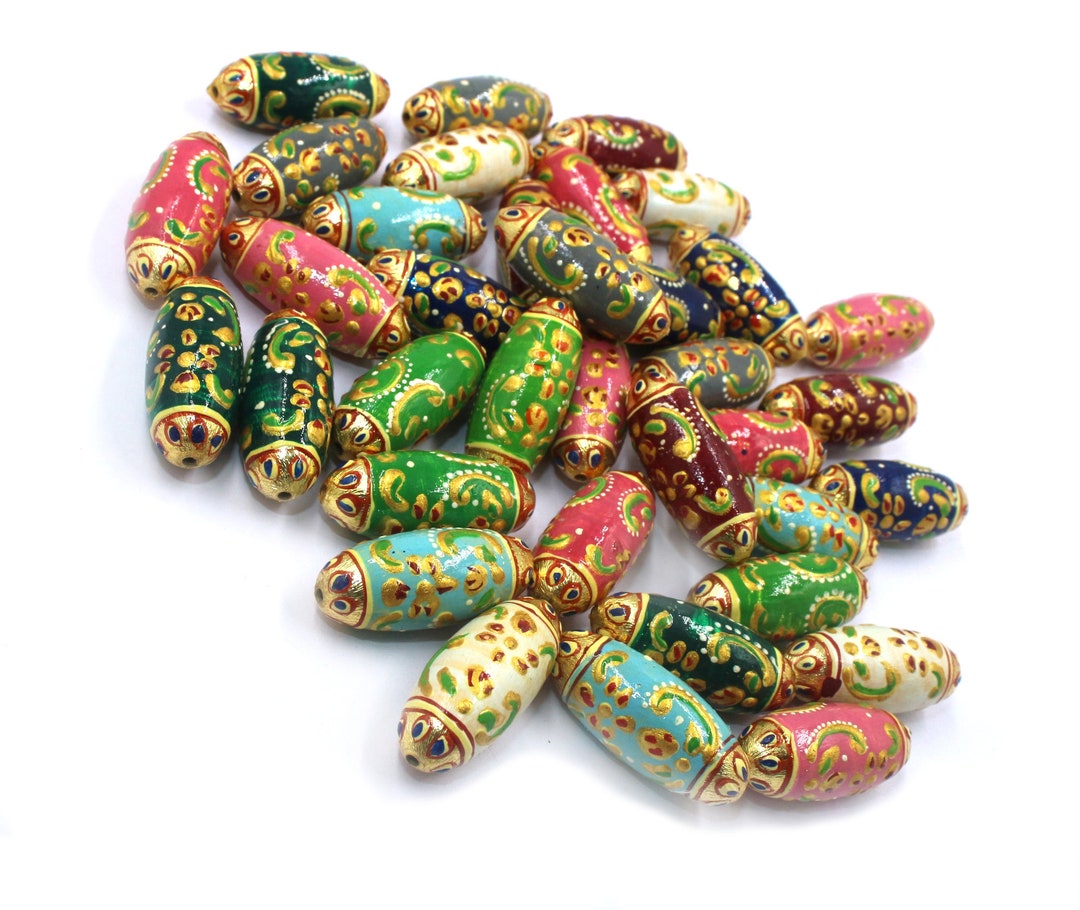 2pcs 30x12mm Hand Painted Assorted Color Floral Design Barrel Beads ...