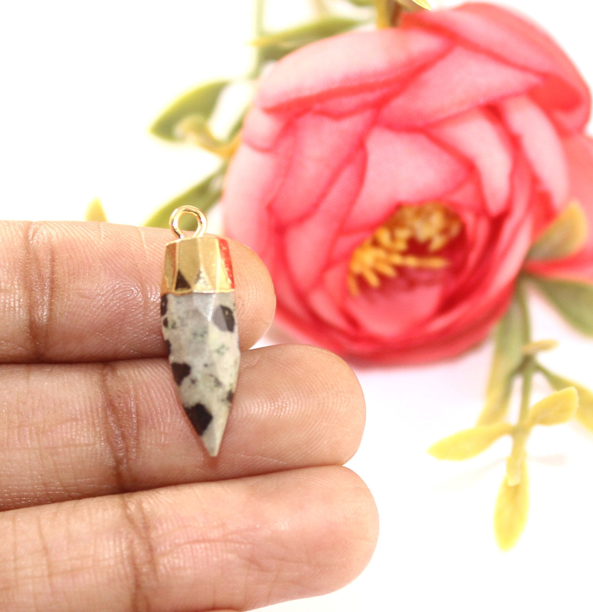 Natural Gemstone Spike Pendant / 24x7mm / 24kt Gold Electroplated Charm ...