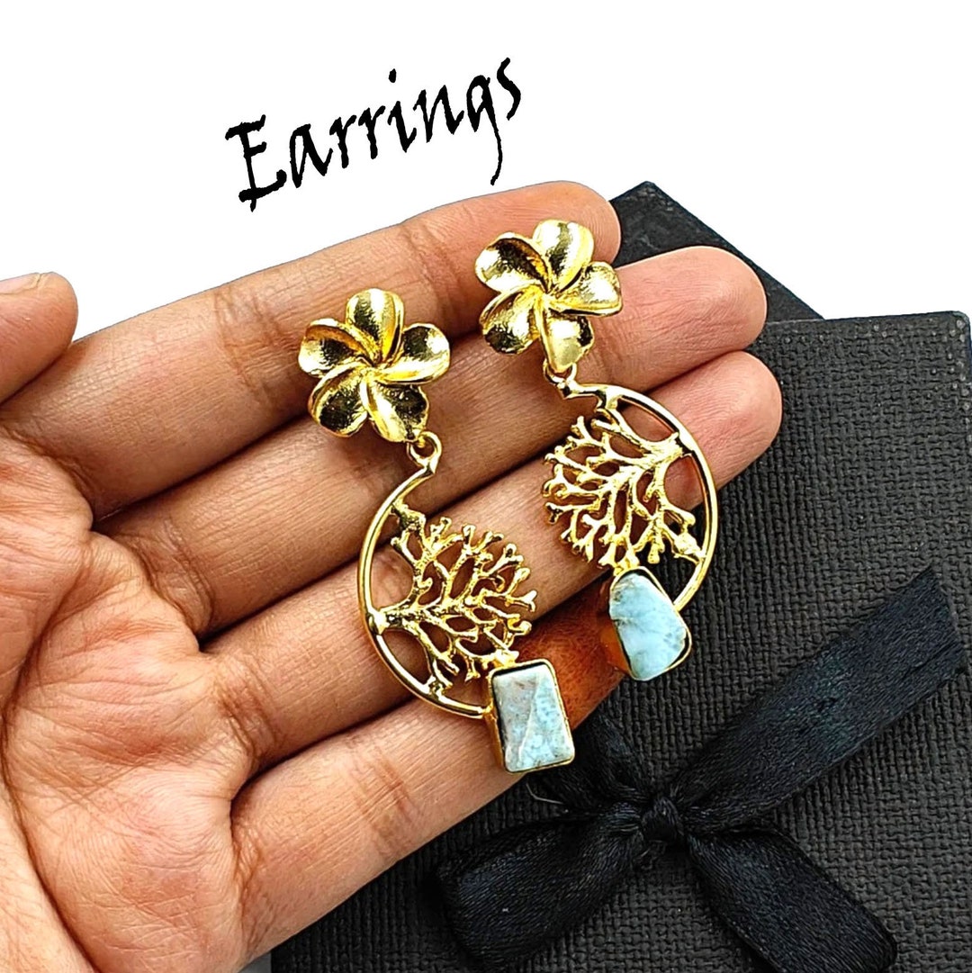Larimar Designer Plumeria Flower Earrings, 22kt Gold Plated Natural ...