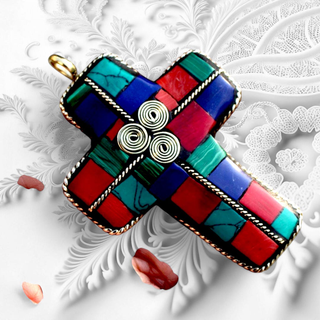 Tibetan Nepali Cross Pendant Multi Stone Pendant Featuring Malachite ...