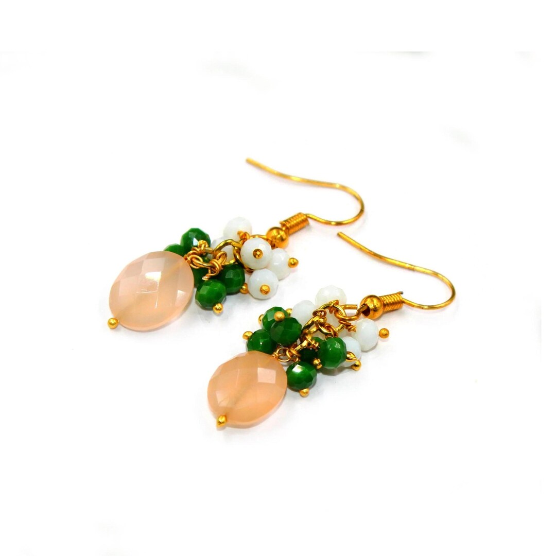Peach Chalcedony Green & White Beaded Designer Earrings 42mm Wire ...