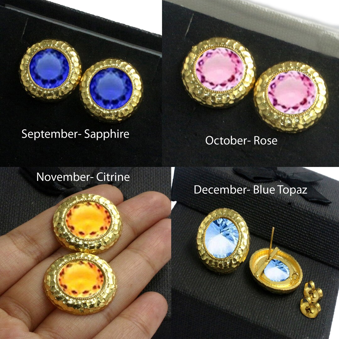 Multi Color Quartz Birthstones Round Hammered Earrings Post, Charm ...
