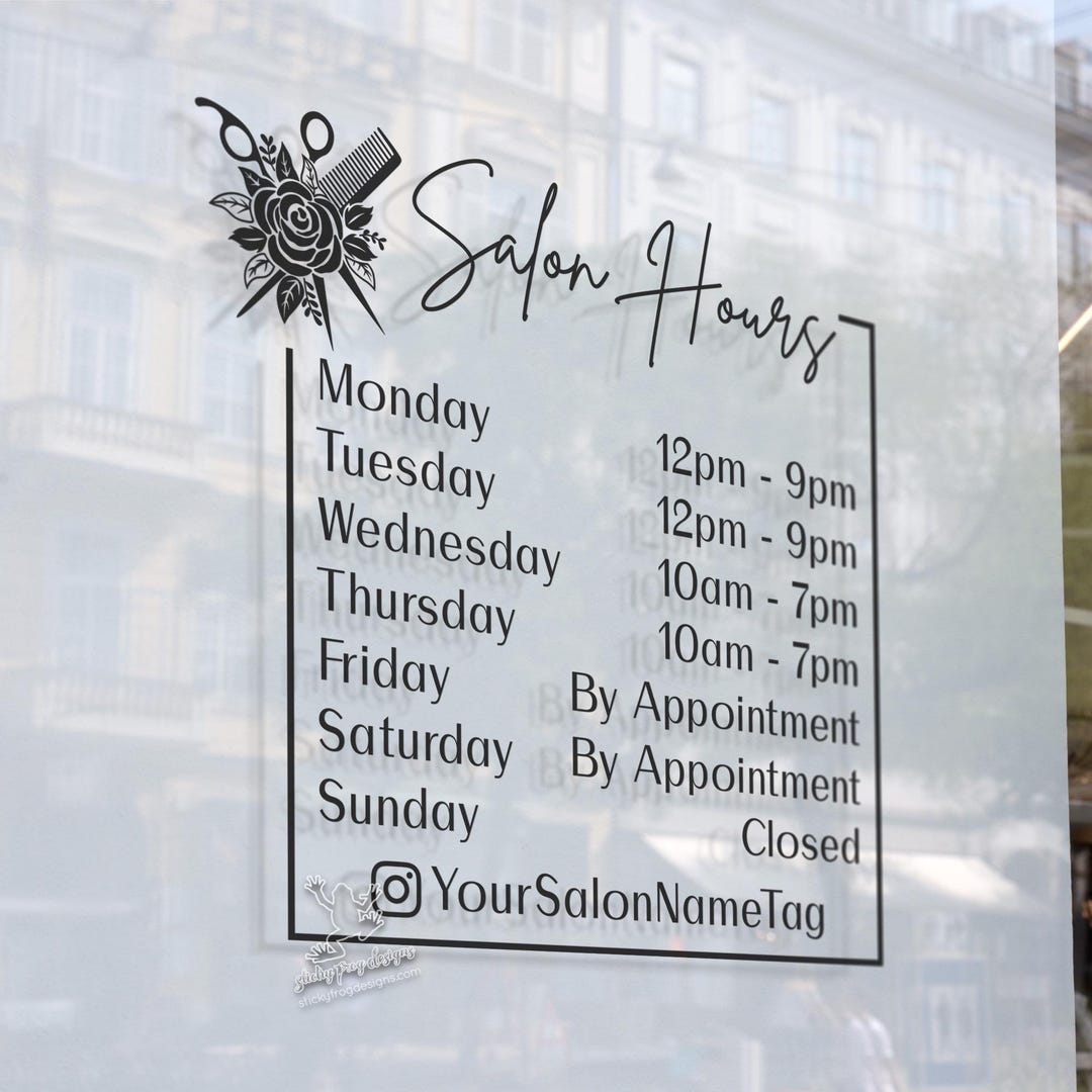 Hair Salon Hours Decal - Personalized Salon Studio Signage - Custom ...