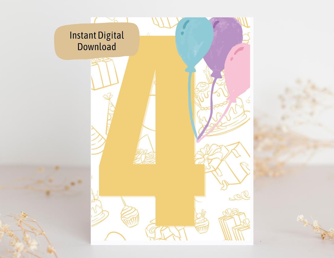 Printable 4th Birthday Card Printable Card for Girls Boys Happy ...